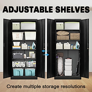 iDEKAI Metal Storage Cabinet with Lock, 71" Garage Storage Cabinets with 2 Lockable Doors and 5 Adjustable Shelves,Tall File Cabinet, Tool Cabinet for Office,Home,Garage,Gym,School (Black)