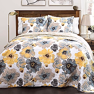 Lush Decor Leah 3 Piece Floral Reversible Quilt Set, Full/Queen, Yellow & Gray