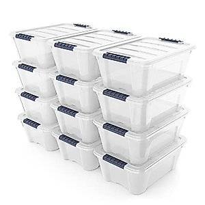 Giantex 12 Pack Storage Bins with Lids, 12.7 Qt. Storage Box, Stackable & Nestable Shoe Box, Tote Boxes, Closet Organization Container with Secure Latching Buckles, Classroom Art Supplies Storage, Clear