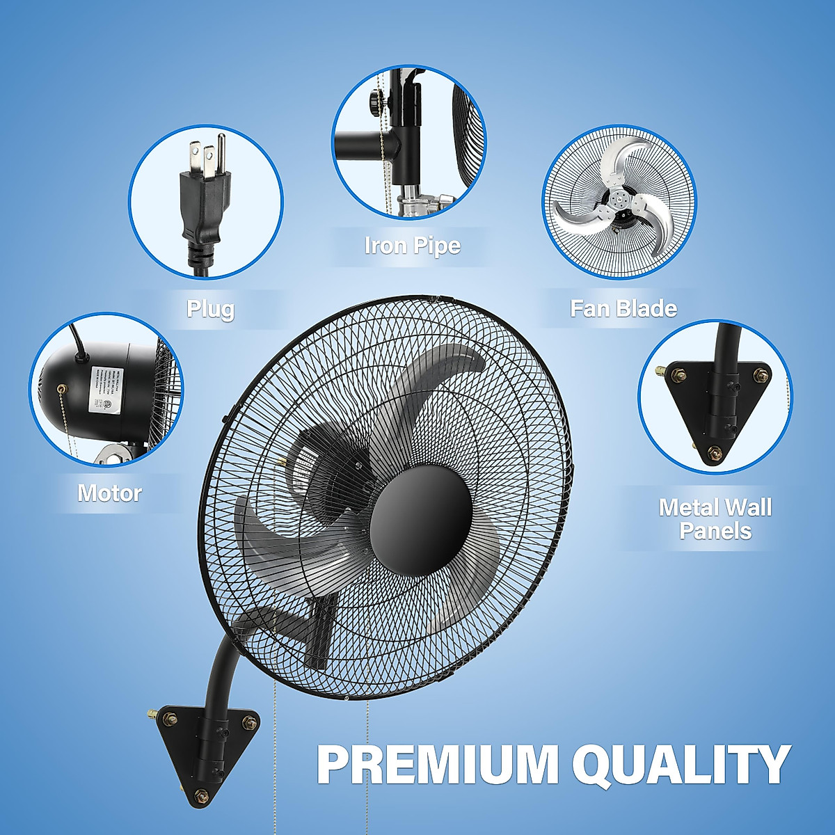 Simple Deluxe Cool Breeze 18-Inch Wall Mount Fan with 3 Speed Settings, 120-Degree Oscillation, Quiet and Effective Cooling for Home, Garage, or Workshop,Black
