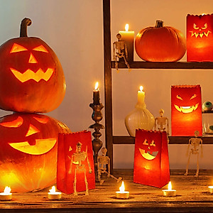 20 Pieces Halloween Luminary Candle Bags Flame Resistant Candle Bags in 5 Kinds of Pumpkin Grimace Patterns for Halloween Party Supplies