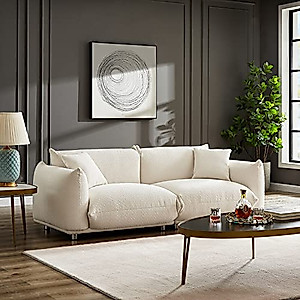 Hommoo Mid Century Modern Couch for Living Room Bedroom，Soft Loveseat Sofa, Sherpa Sofa with Metal Legs, Comfy Couch, 87" W Small Couch for Small Space with Pillows White