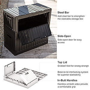 livinbox 45L Stackable Foldable bins for storage, Collapsible Storage Bins w/lids Side-Open Door, Home Office Bedroom Living Room Comic Books, Black, FB-6432S-BK