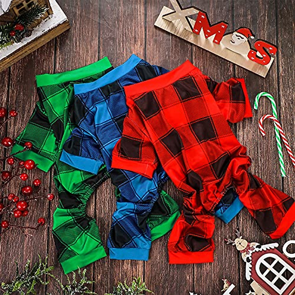 3 Pieces Christmas Dog Pajamas Red Buffalo Plaid Jumpsuit Puppy Bodysuit Pet Pajamas Buffalo Check Cute Apparel Pajamas for Small Medium Dog Cat Chihuahua Puppy Christmas Costume(L (fit 7.7-9.9lbs))