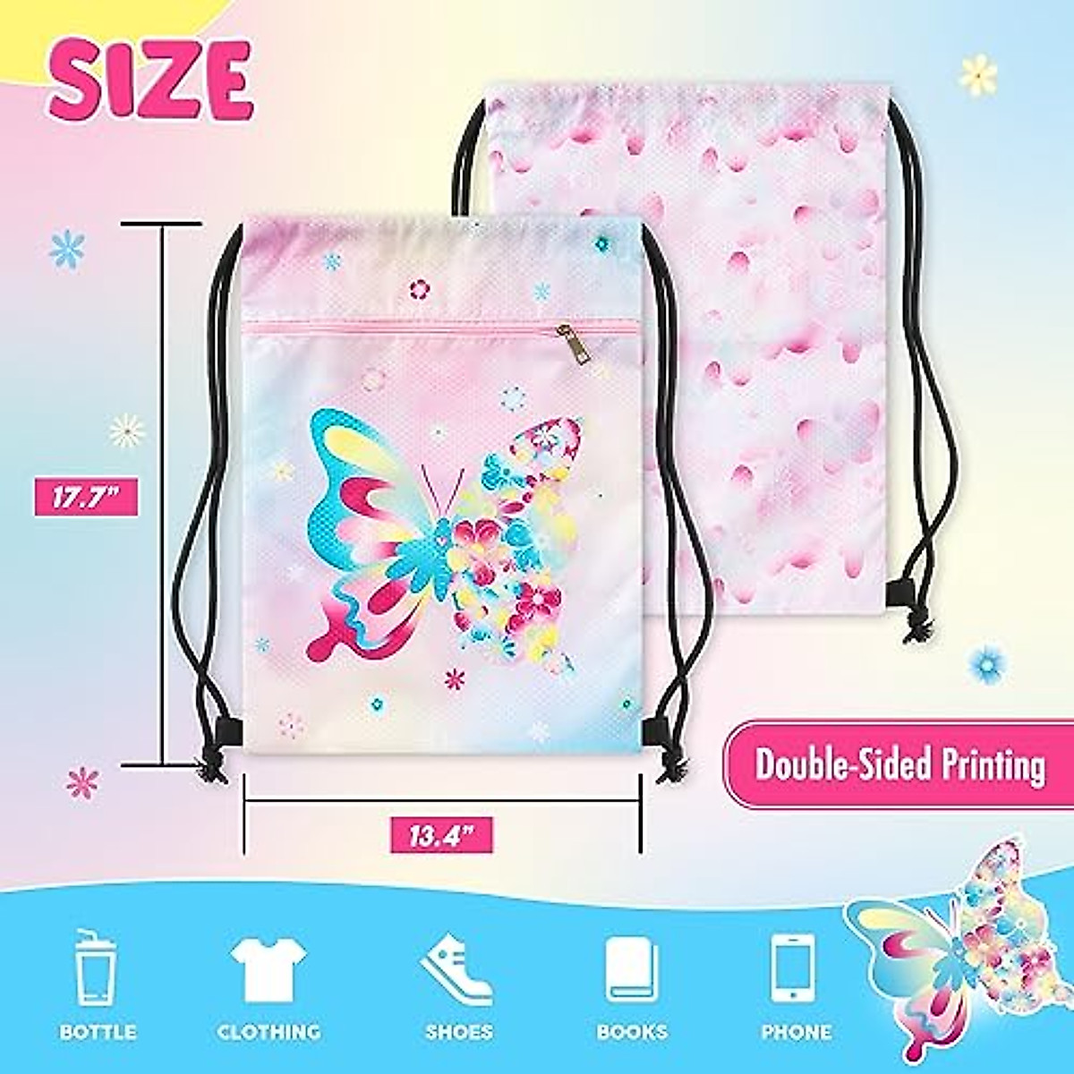 WAWSAM Butterfly Drawstring Backpack for Kids - 13" x 18" Sports Gym Bag for Girls Waterproof Beach Swimming Travel Sackpack Birthday Christmas Gift with Zippered Pocket