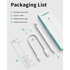 Metapen Pencil A8 for Apple iPad 2018-2024, (2X Faster Charge), Tilt Sensitivity, Palm Rejection, Stylus Pen for iPad 10/9/8/7/6th Gen, iPad Pro 12.9/11/13-inch M4, iPad Air 3/4/5/M2, iPad Mini 5/6th