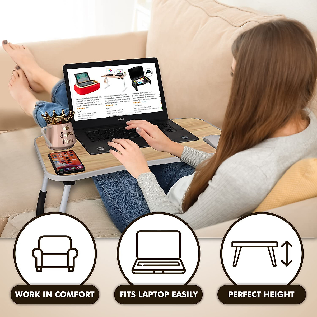 Folding Lap Desk for Bed and Sofa - Portable Wide Surface Bed Desk with Built-in Cup Holder and Tablet or Phone Slot for Working, Studying, Eating, and Watching Movies (Wood)