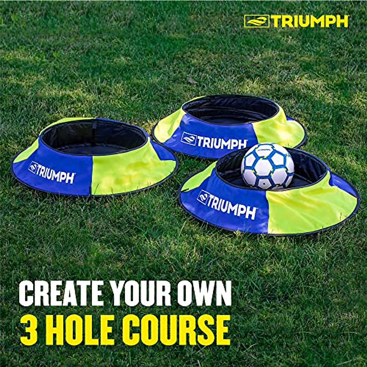 Triumph Sports Backyard Footgolf Set – Includes 3 Targets and 1 Official Size 5 Soccer Ball, Blue
