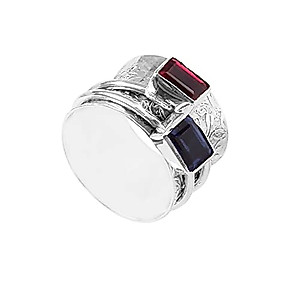 Red Mozambique Ruby & Blue Sapphire Ring Emerald Cut Gemstone ring Meditation Spinner ring Spinning Fidget ring Jewelry (9.5)