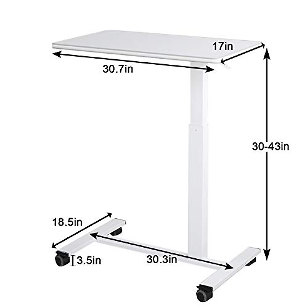 TigerDad Pneumatic Adjustable Overbed Table with Gas Spring Riser | Medical Adjustable Bed Side Table with Wheels | Portable Standing Desk for Laptop Computer with Large Work Space 30.7"x 17"