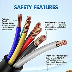 Nilight - 50050R 7-Way Trailer Plug Socket Extension Cable 3FT Long 10-14 AWG Double-Prong Copper Terminals/Wires for 7-Blade Trailer Wiring Connector Cord, 2 Years Warranty