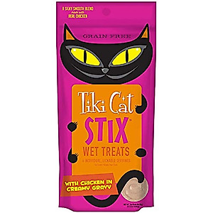 (12 Pack, 72 Stix) Tiki Pets Cat Stix Wet Treats Topper, Grain Free Lickable Smooth Blend with Chicken in Creamy Gravy with 10ct Pet Wipes
