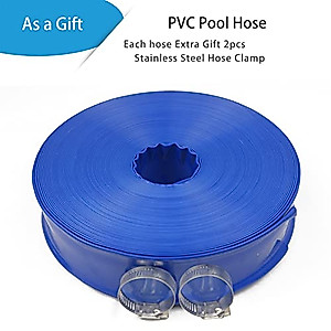 Poolvio 1-1/2" x 100' Professional Blue Backwash Hose with Clamps, General Purpose Reinforced PVC Lay-Flat Water Discharge Hose,for Use While Back-Washing Filters and Draining Pools
