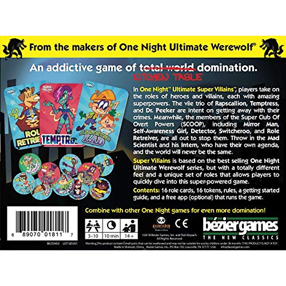 Bezier Games One Night Ultimate Super Villains, Family Friendly Party Game, Fun Game for Kids & Adults, Engaging Social Deduction, Fast-Paced Gameplay, Hidden Roles & Bluffing