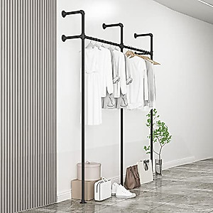LANJIN Industrial Pipe Clothing Rack On Wall,Moden Wall Mounted Closet Storage Rack,Hanging Clothes Retail Display Rack,Heavy Duty Steampunk Garment Racks,Black & Double A