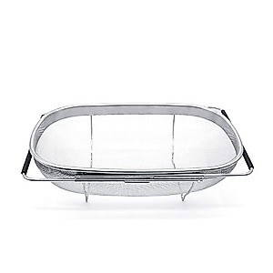 Over the Sink Colander Strainer Basket with Rubber Grip, 6 Quart Stainless Steel Vegtable Fruit Colanders Strainers with Steady Base, Expandable Metal Strainer for Kitchen Sink