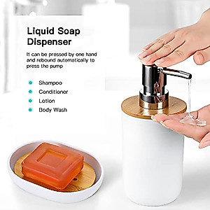 Otostar Bamboo Bathroom Accessory Set 6 Piece Bathroom Accessories Set Plastic Gifts Bath Set with Toothbrush Holder Soap Dispenser Qtip Holder Tumbler Soap Dish Toilet Brush Holder Trash Can (White)