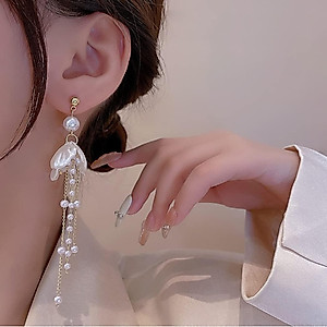 Kruckel Peach Blossom Floral Long Drop Dangling Earrings - Golden Studs with White Pearls, Jewelry for Women,Easy - Wear Fashion Design Accesory Packed with Durable Jewelry Box