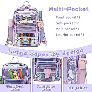 Maod Clear Backpack Heavy Duty Stadium Approved PVC Transparent Large School Book Bag with Free Sticker and A Pendant (Purple)