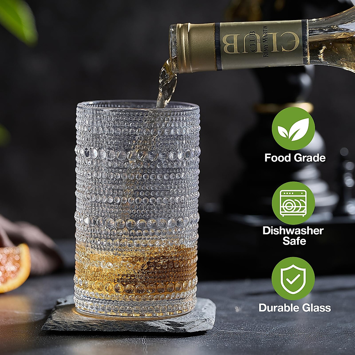 Mfacoy Large Vintage Hobnail Drinking Glasses Set of 6, 14 oz Cocktail Glasses,Highball Glasses, Embossed Glass Cups, Clear Water Tumbler, Glassware for Beer, Juice, Cocktail, Whiskey, Milk