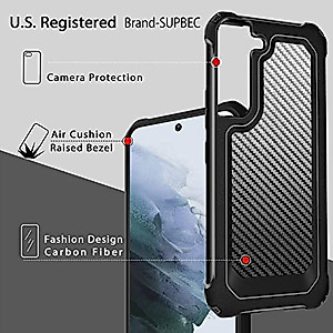 SUPBEC Galaxy S21 Case, Carbon Fiber Shockproof Protective Cover with Screen Protector [x2] [Military Grade Protection] [Scratch Resistant & Anti-Fingerprint], Samsung Galaxy S21 Case, 6.2", Black