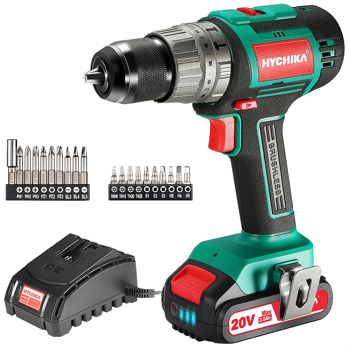 Cordless Drill 20V Max, HYCHIKA Brushless Drill Max Torque 530 In-lbs, 2.0 AH Battery 1H Fast Charger, 21+3 Torque Setting 1/2" Automatic Chuck, 20pcs Drill Bit Set for Home Improvement & DIY Project
