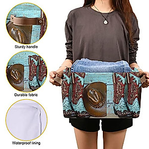 Oyihfvs Turquoise and Red Cowboy Boots and Hat Standing on Wood 1 PC Rectangle Storage Basket Collapsible Fabric with Leather Handles Bag Organizer Clothes for Home Bedroom 15 x 11 x 9.5 in