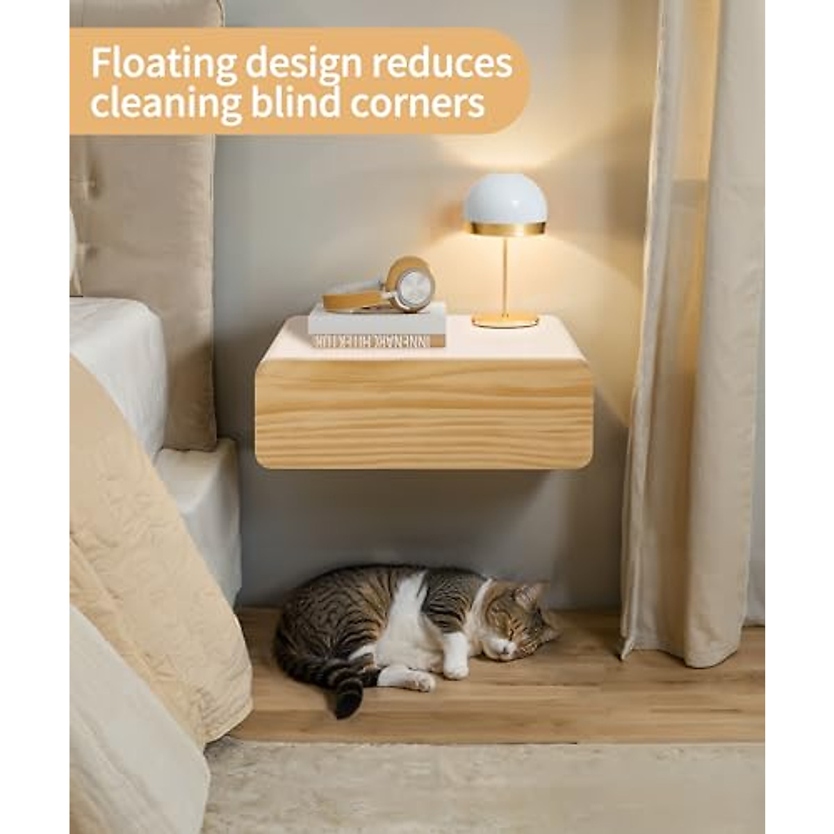 SUMGAR Floating Nightstand White with Drawers Modern Bedside Table Organiser Fully Assembled Shelf Small Spaces Wall Mounted Storage Wood Furniture for Bedroom Home Decor