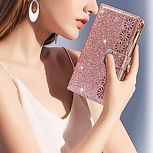 lefeda Wallet Case for Samsung Galaxy Z Fold 5, Sparkle Glitter PU Leather Phone Cover with Zipper Purse Card Slot and Wrist Strap Case for Women Girls,Gold