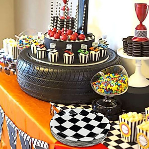 CIEOVO 50 Count Disposable Black and White Checkered Party Plates Racing Car Party Dinner Dessert Plates for Racing Race Sports Theme Birthday Baby Shower Party Supplies