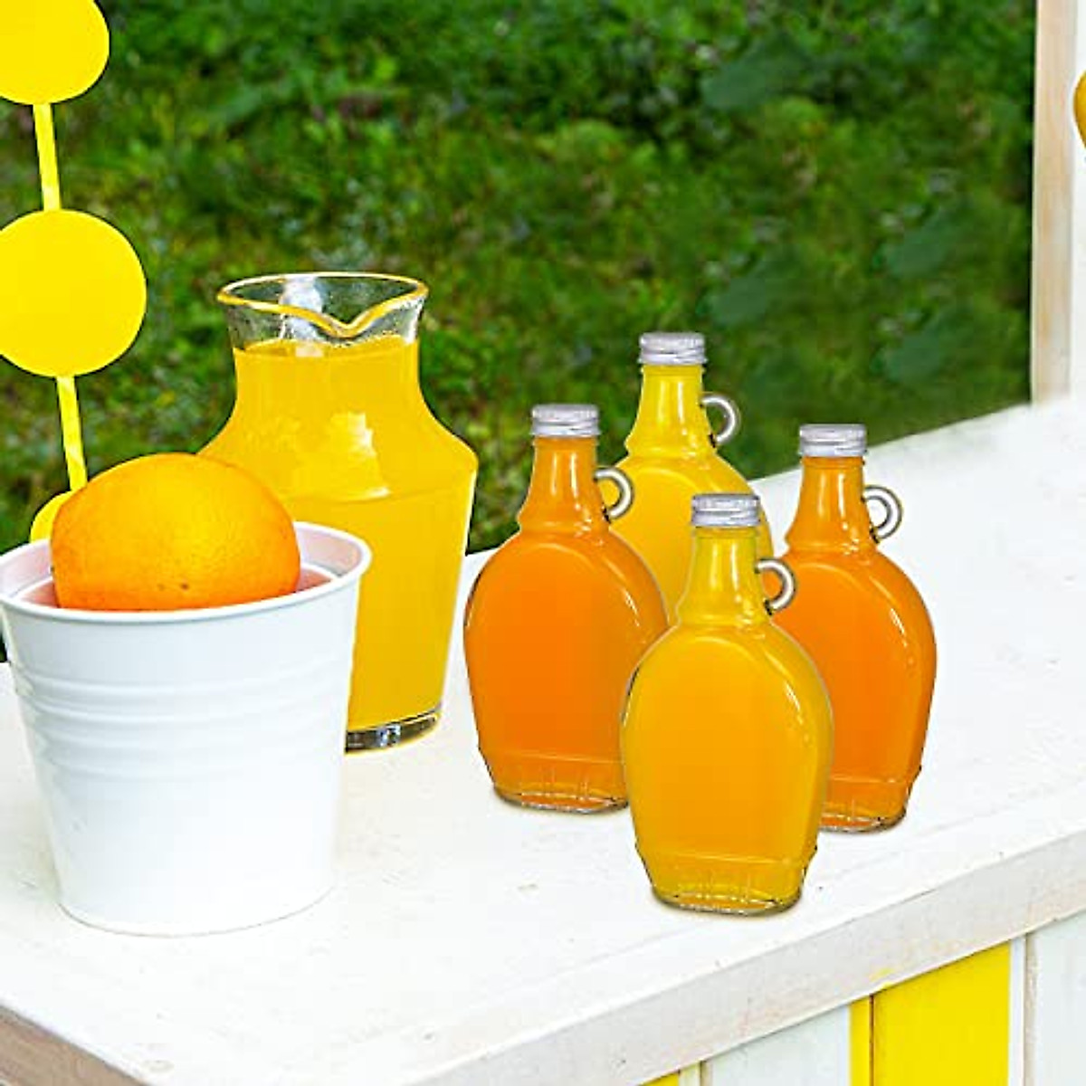 Bekith 16 Pack 8 Ounce Glass Maple Syrup Bottles, Clear Glass Bottle Set with Loop Handle & Sliver Plastic Lids for Syrup