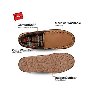 Hanes Mens Moccasin Slipper House Shoe With Indoor Outdoor Memory Foam Sole Fresh IQ Odor Protection , Tan , Large