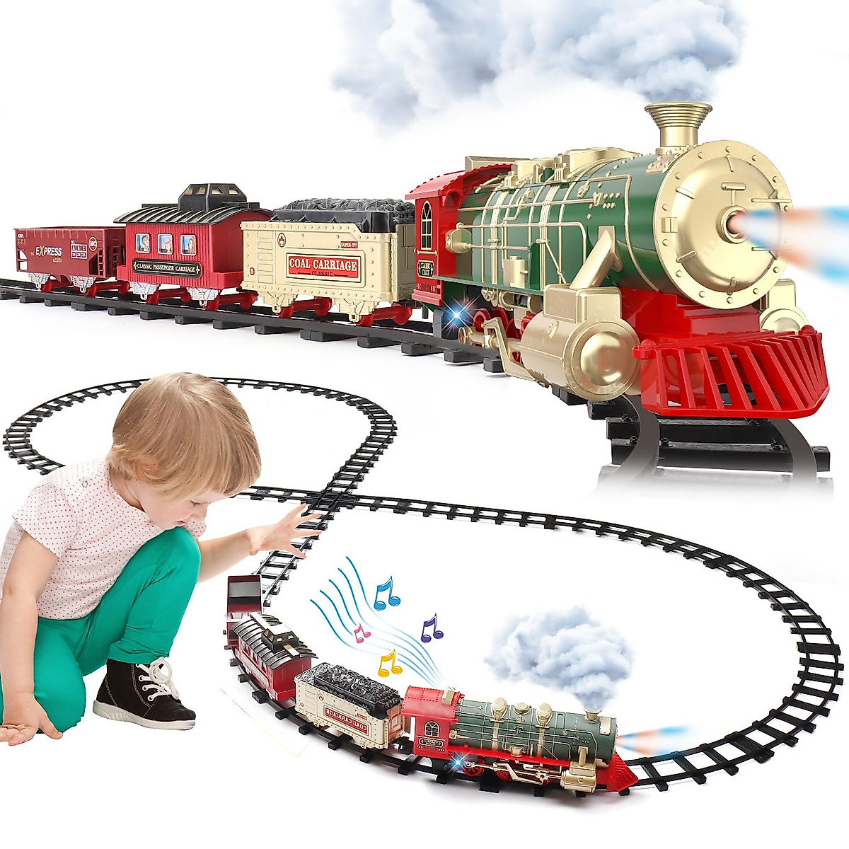 JUQU Train Set - Electric Train Toys w/Smoke, Light and Sounds, Toddler Train Sets for Boys 2-4 4-7 w/Steam Locomotive Engine,Carriages and Tracks, Christmas Train Gift for 3 4 5 6 7 8+ Year Old Kids