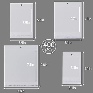 400Pcs Clear Plastic Self Sealing Bags with Hang Hole Resealable Storage Cellophane Bags for Bakery Cookies Candies Jewelry Decorative Wrappers Gifts 3 x 5inch, 4x 6inch, 5 x 7inch, 8 x 10 inch