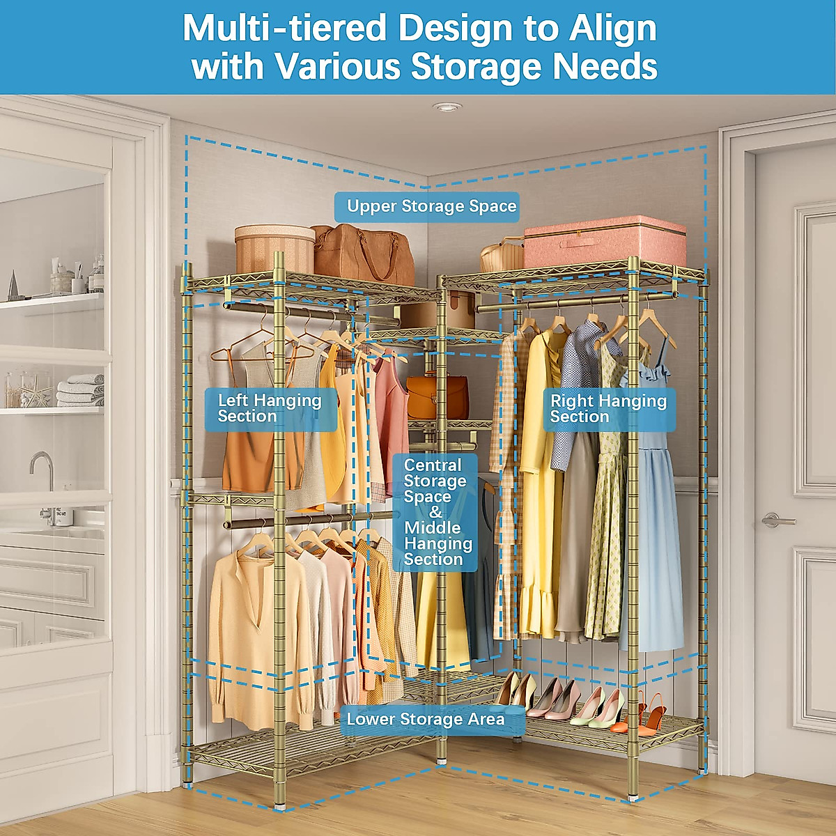 VIPEK L6 L Shaped Clothes Rack Heavy Duty Clothing Rack for Corner, 5-Tier Wire Garment Rack Metal Freestanding Closet with Adjustable Shelves, 46.5" L x 46.5" W x 76.4" H, Max Load 850LBS, Gold