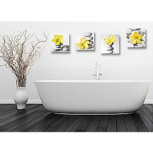 Genius Decor-Modern Bathroom Yellow Gray Wall Art Picture Flowers and Pebble Stone Canvas Print Wall Decor Set 4(Yellow)