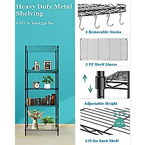 vkahaak 5 Tier Adjustable Wire Shelving Unit, 22" x 12" x 60" Metal Storage Rack with 4 Hooks, Steel Utility Storage Shelf Organization for Kitchen/Garage/Bathroom/Pantry/Closet, Black