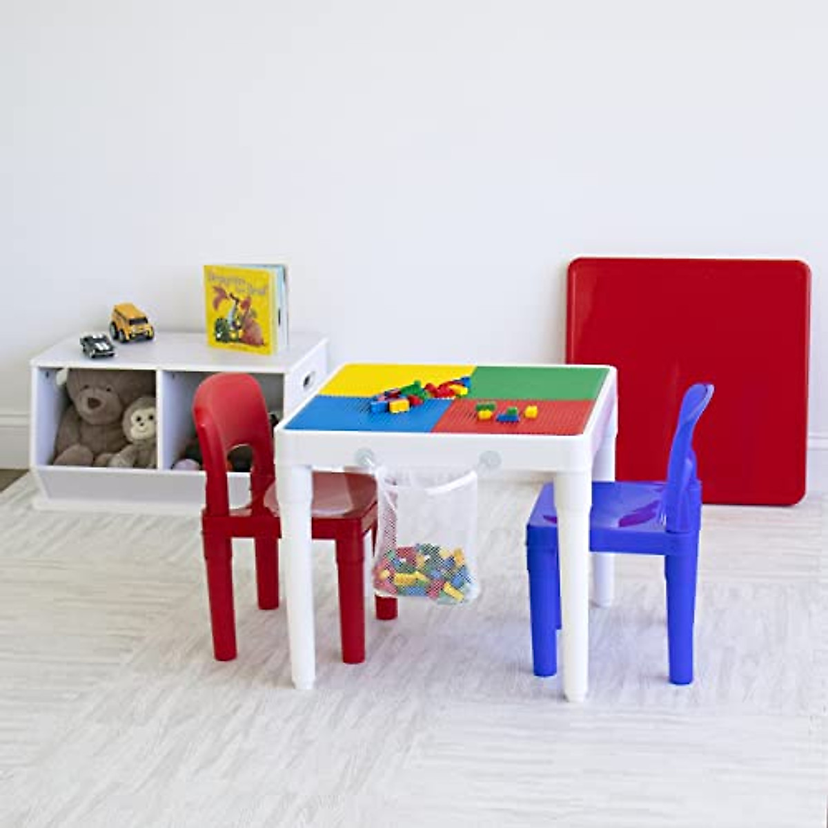 Humble Crew, White/Blue/Red Kids 2-in-1 Plastic Building Blocks-Compatible Activity Table and 2 Chairs Set, Square, Toddler