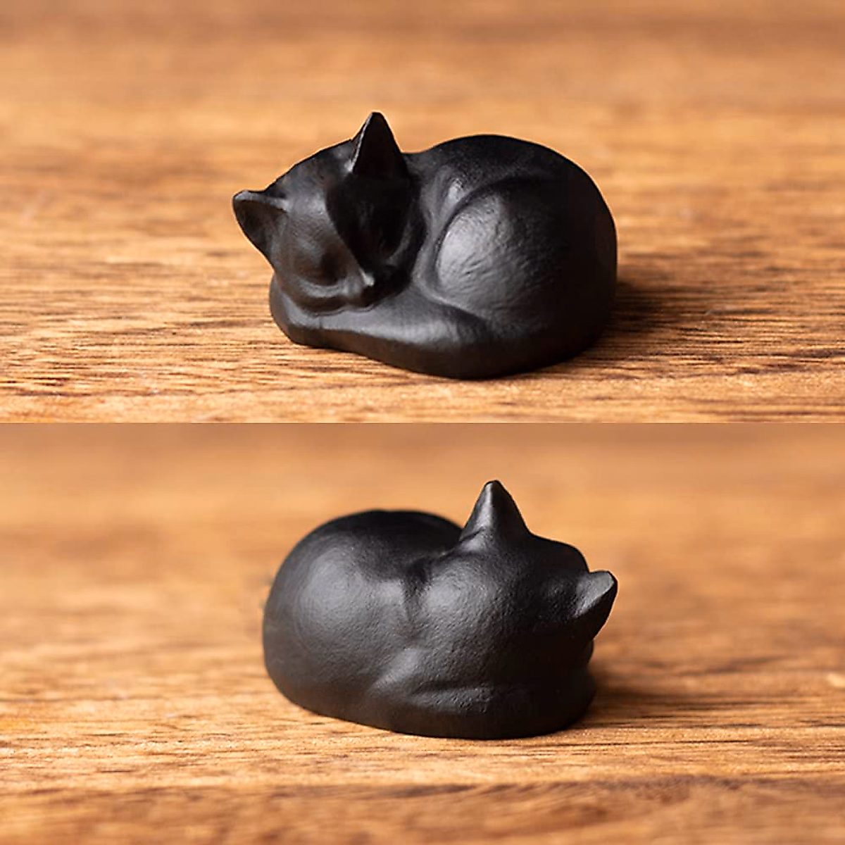 OwMell Tiny Sleeping Cat Statue Hand-Carved Healing Stone Gemstone Little Kitten Statue Figurine 2" - Black Obsidian