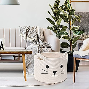 Large Woven Cotton Rope Basket with Handle, Ideal for Storage and Organization for kids toys,Towels, Clothes, blanket,Gifts. Pet Basket for Cat & Dog，Laundry Blanket Basket