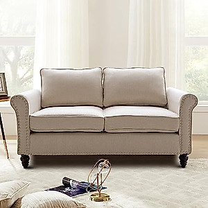 Finnhomy 55'' Fabric Loveseat with Square Armrest Mid-Century Modern Small Sofa Couch Upholstered Love Seat for Living Room, Bedroom, Apartment Small Spaces (Off White)