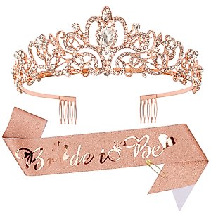 Bride To Be Sash & Bride Crown Kit, CIEHER Bridal Shower Decorations Rose Gold Bachelorette Party Decorations Queen Princess Crown for Women Girls, Bridal Tiara Gifts for Bride Crytal Crown and