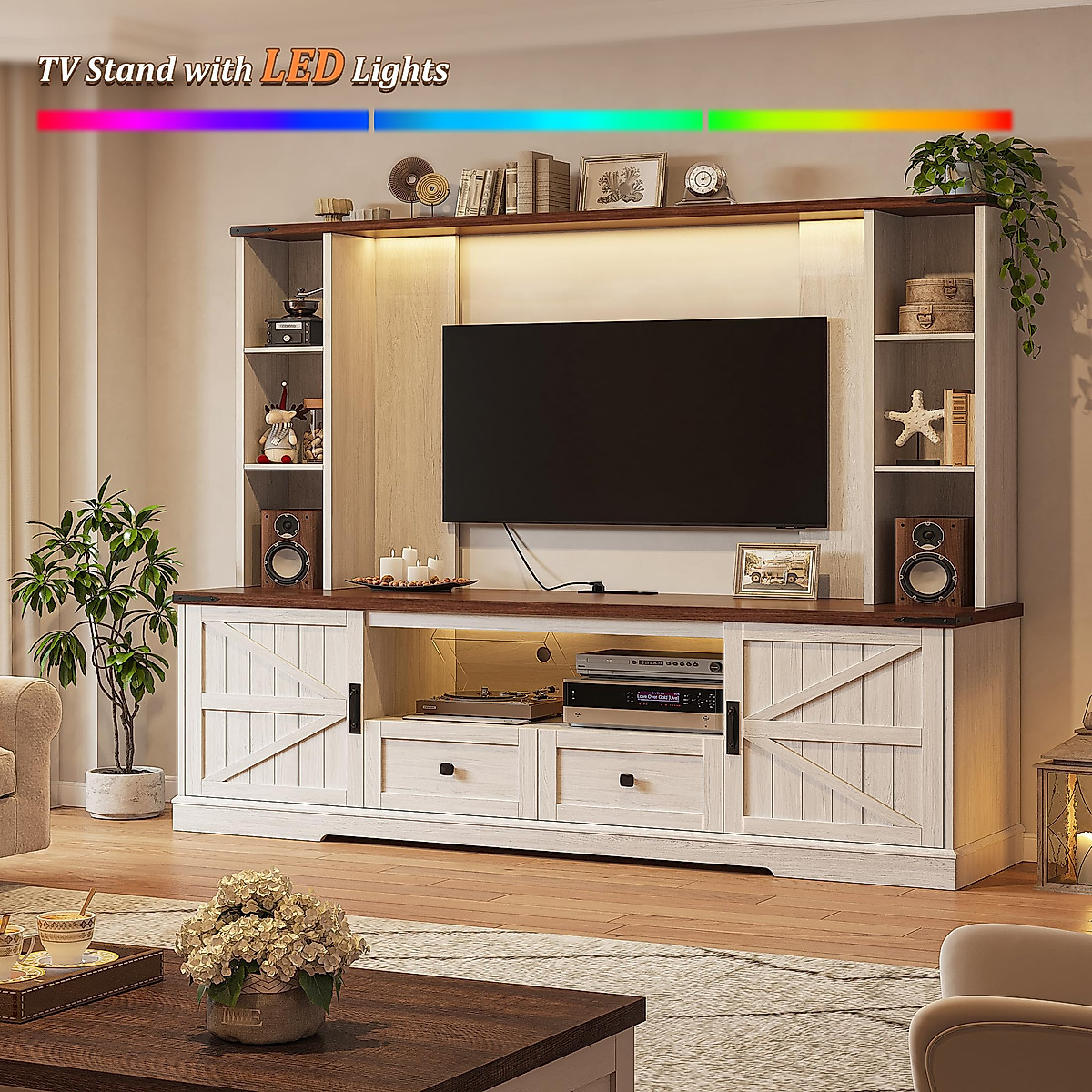 EnHomee Wood TV Stand,Wall Unit Entertainment Center with Ample Storage Space and Adjustable Shelves, TV Stands for Living Room Up to 65'', TV Console with 2 LED Lights & Power Outlets, White