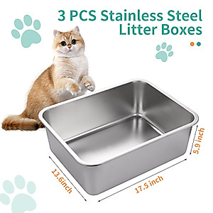 Vehipa 3 Set Stainless Steel Litter Boxes Large Metal Litter Boxes with Litter Box Pee Shields and Metal Cat Litter Scoops for Cats Rabbits, Non Stick Smooth Surface and Rustproof 17.5 x 13.6 x 5.9