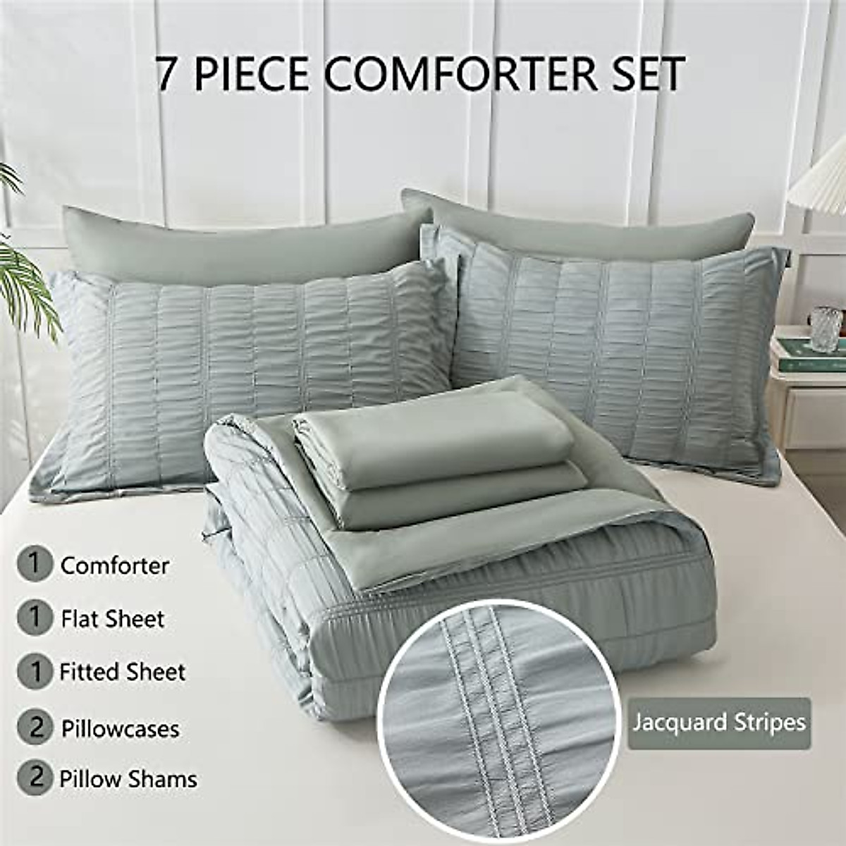 KAKIJUMN Sage Green Comforter Set Full Size, 7 Piece Bed in a Bag Seersucker Comforter and Sheet Set, All Season Soft Microfiber Complete Bedding Set(Green,Full)