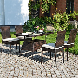 Toolsempire 5 Pieces Patio Wicker Dining Set Outdoor Furniture, Outdoor Rattan Table and Chairs with Tempered Glass Table-top & Padded Cushions, Patio Furniture Sets for Backyard, Balcony(Brown)