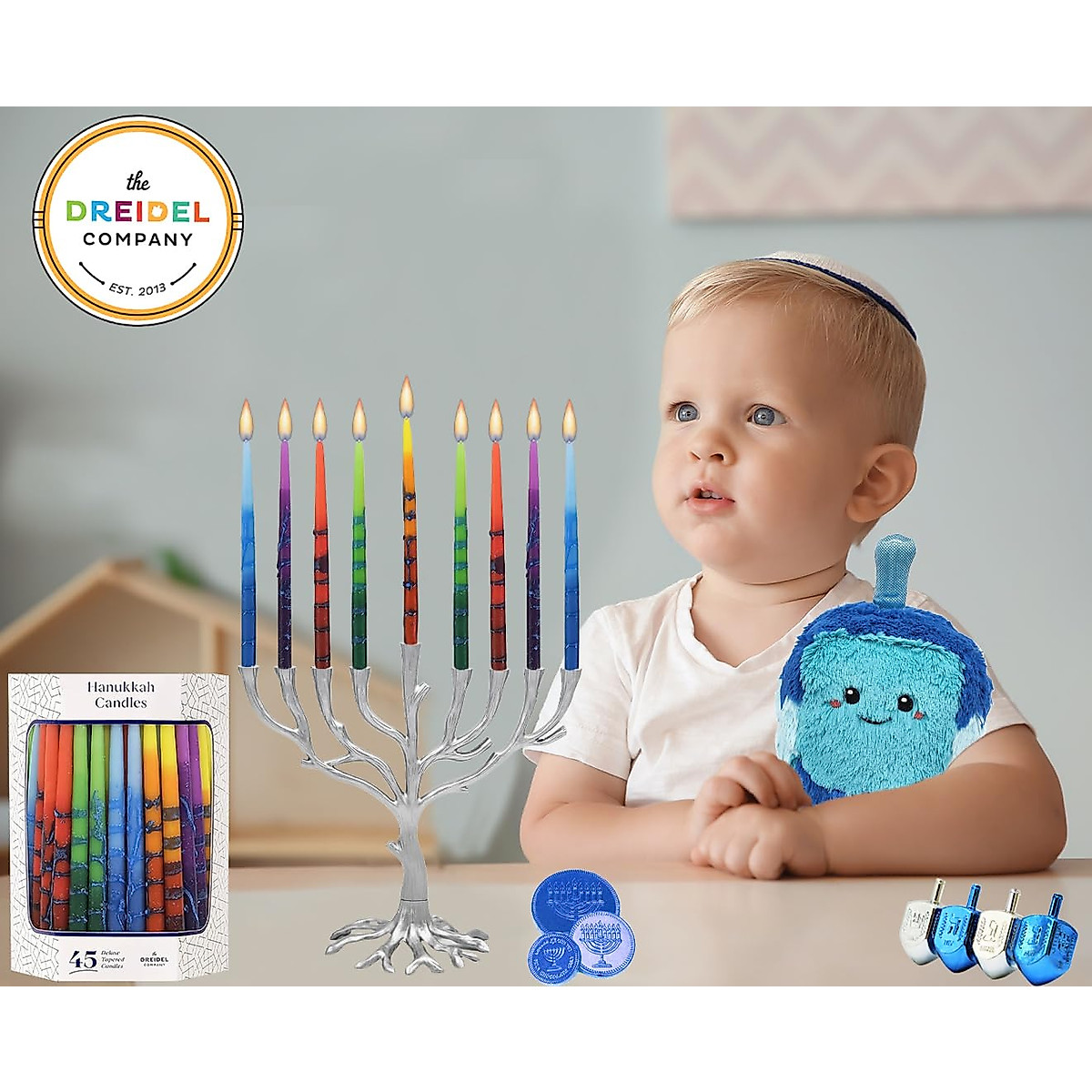 The Dreidel Company Dripless Hanukkah Candles, Multicolored Striped Deluxe Tapered Decorations, Chanukkah Menorah Candles for All 8 Nights of Chanukah (Single-Pack)