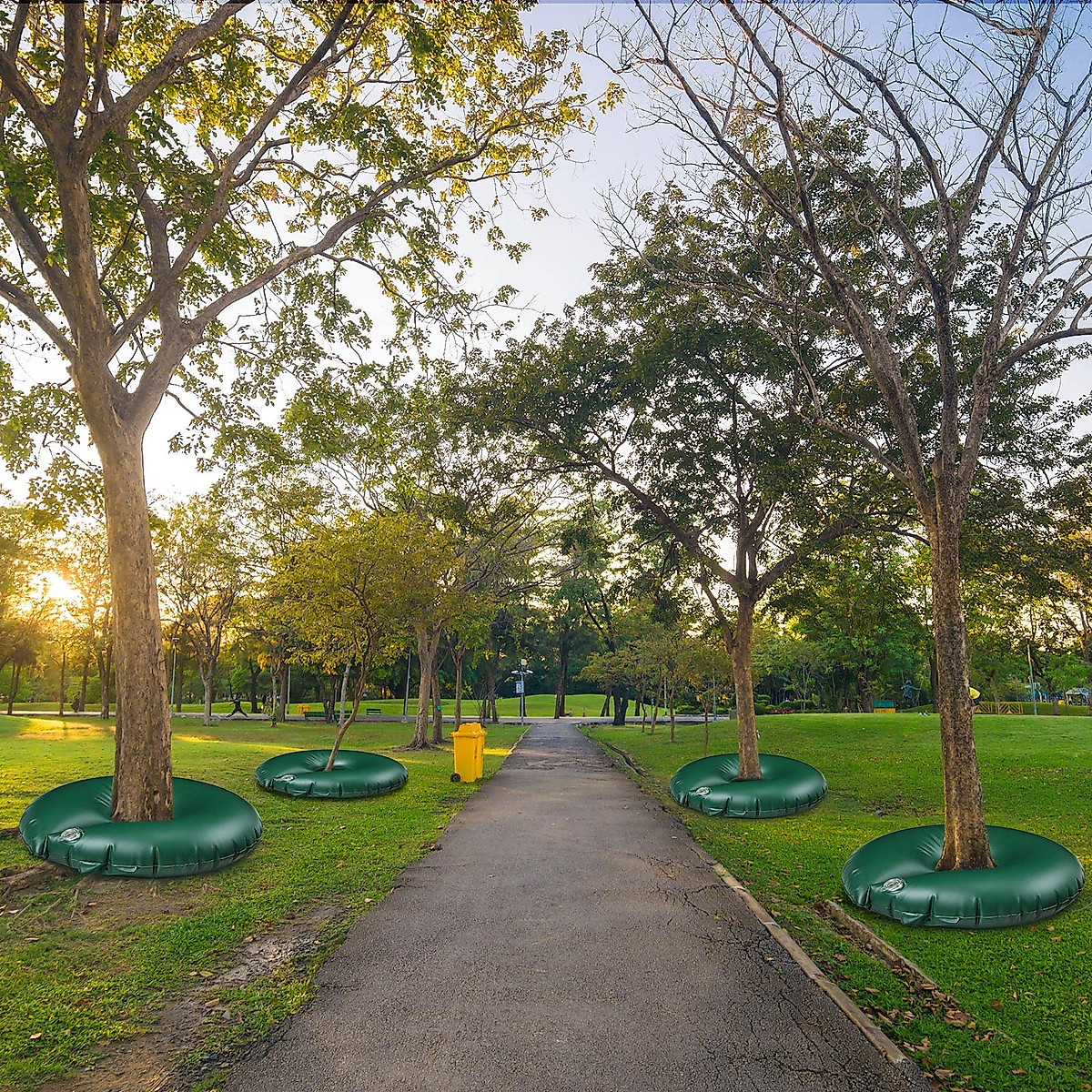 Tree Watering Ring Tree Watering Bag Slow Release PVC Drip Irrigation Water Pouch Automatic Drip System for Planting Gardening Trees and Shrubs, Green (4 Pack, 10 Gallon)