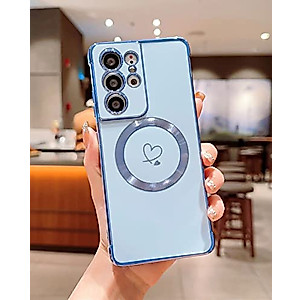 Ponnky Samsung Galaxy S21 Ultra Case for Women Girl Cute Love-Heart Compatible with Magsafe with Magnetic Wirless Charging Full Camera Bumper Shockproof Phone Case for Galaxy S21 Ultra (Blue)