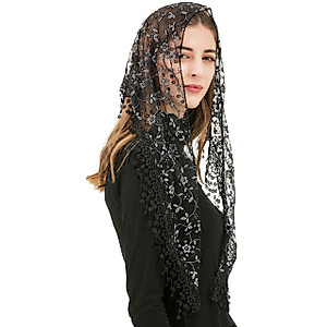 PAMOR Triangle Lace Veil Mantilla Cathedral Head Covering Chapel Veil for Mass Wedding Bridesmaids (Black)